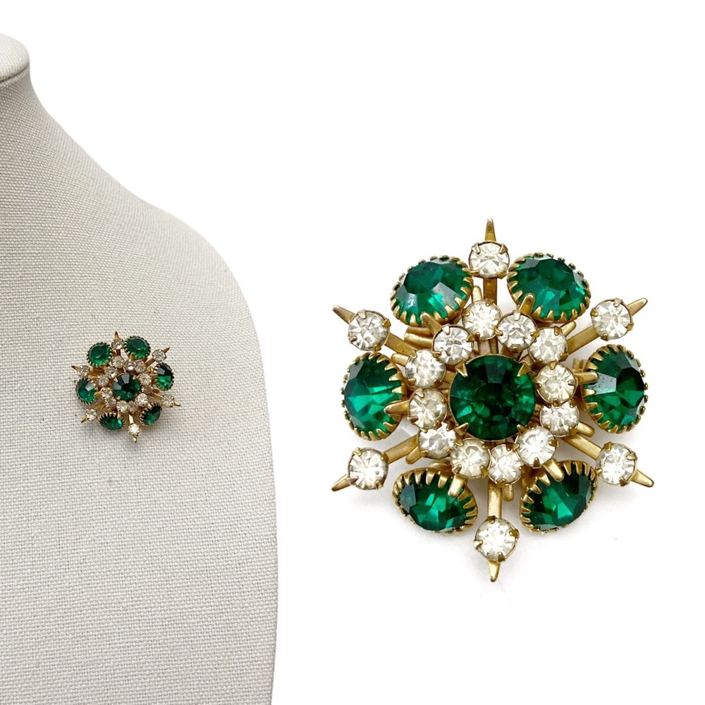 Vintage Green Clear Glass Rhinestone Burst Brooch - Gem